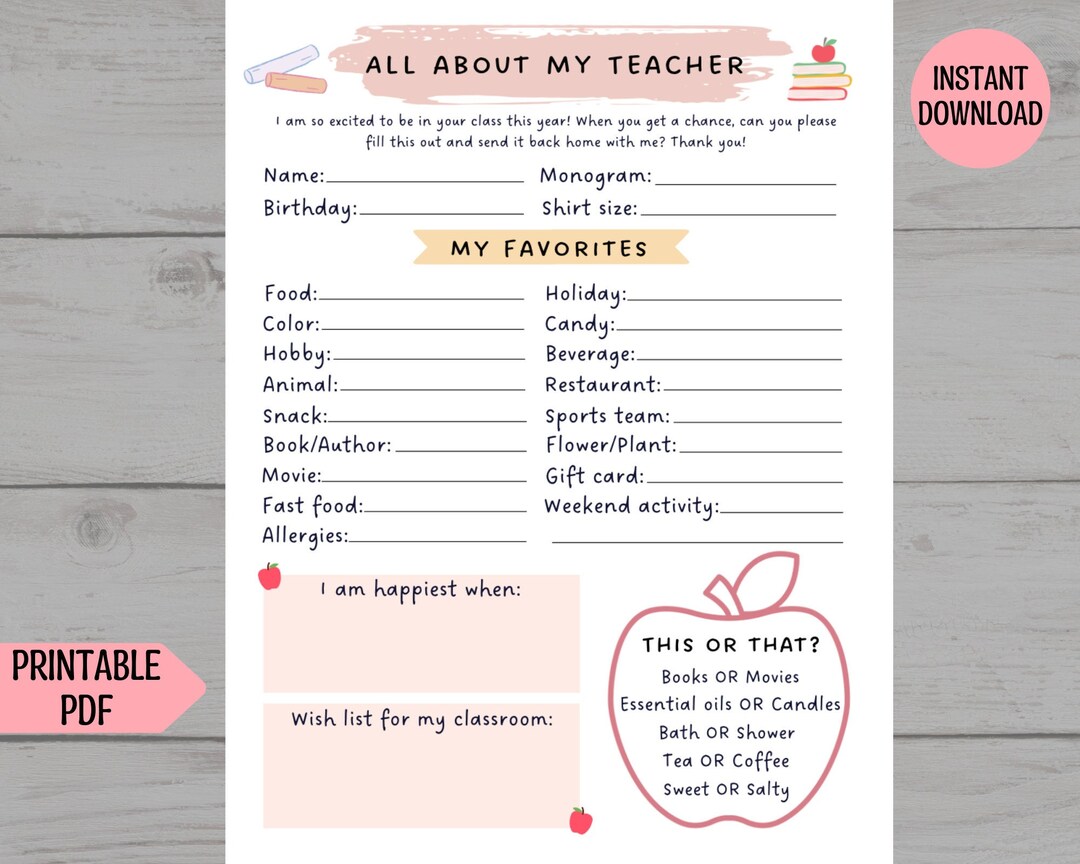 All About My Teacher Survey Back to School Teacher - Etsy