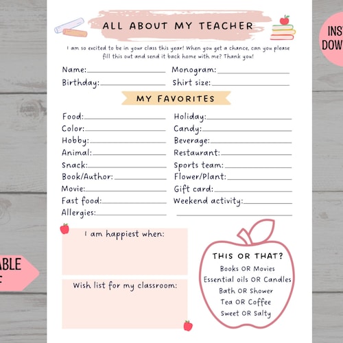 All About My Teacher Survey Back to School Teacher - Etsy