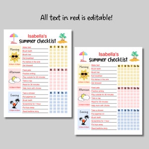Kids Daily Summer Checklist Schedule Printable, Editable Chore Chart ...