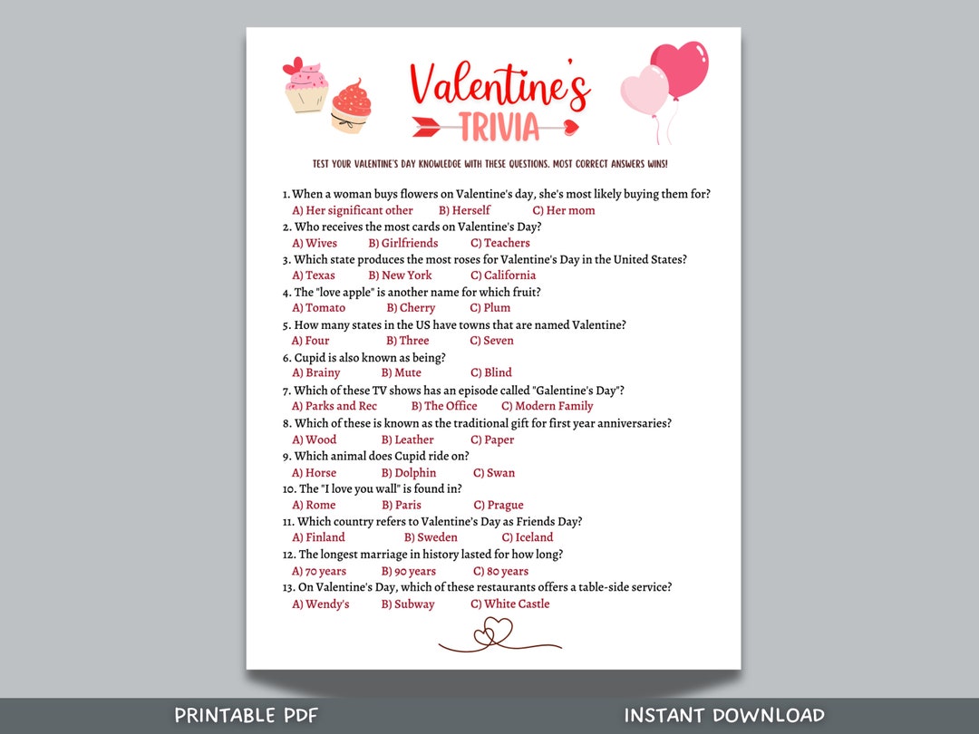 Valentine's Day Trivia Game Printable, Galentines Day Party Game ...