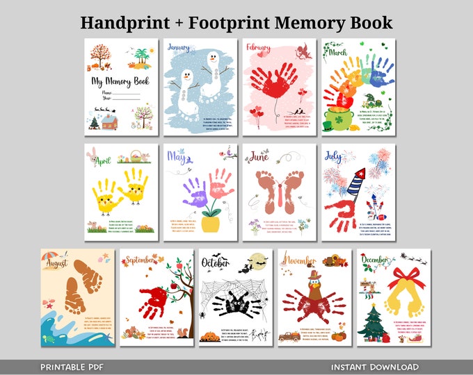 Handprint Art Memory Book, Printable Kids Calendar, 12 Month ...