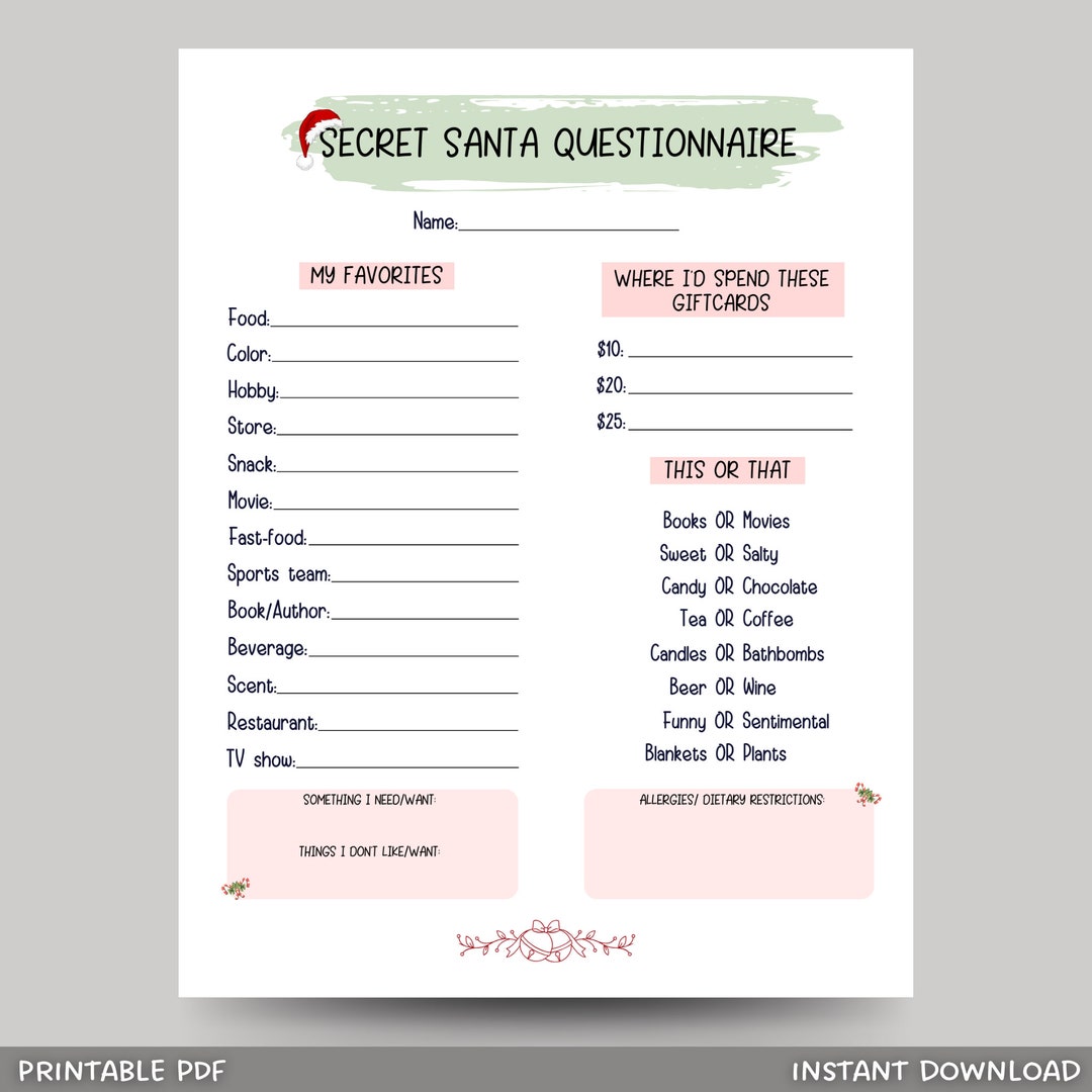 Secret Santa Questionnaire Printable, Secret Santa Gift Exchange Form ...