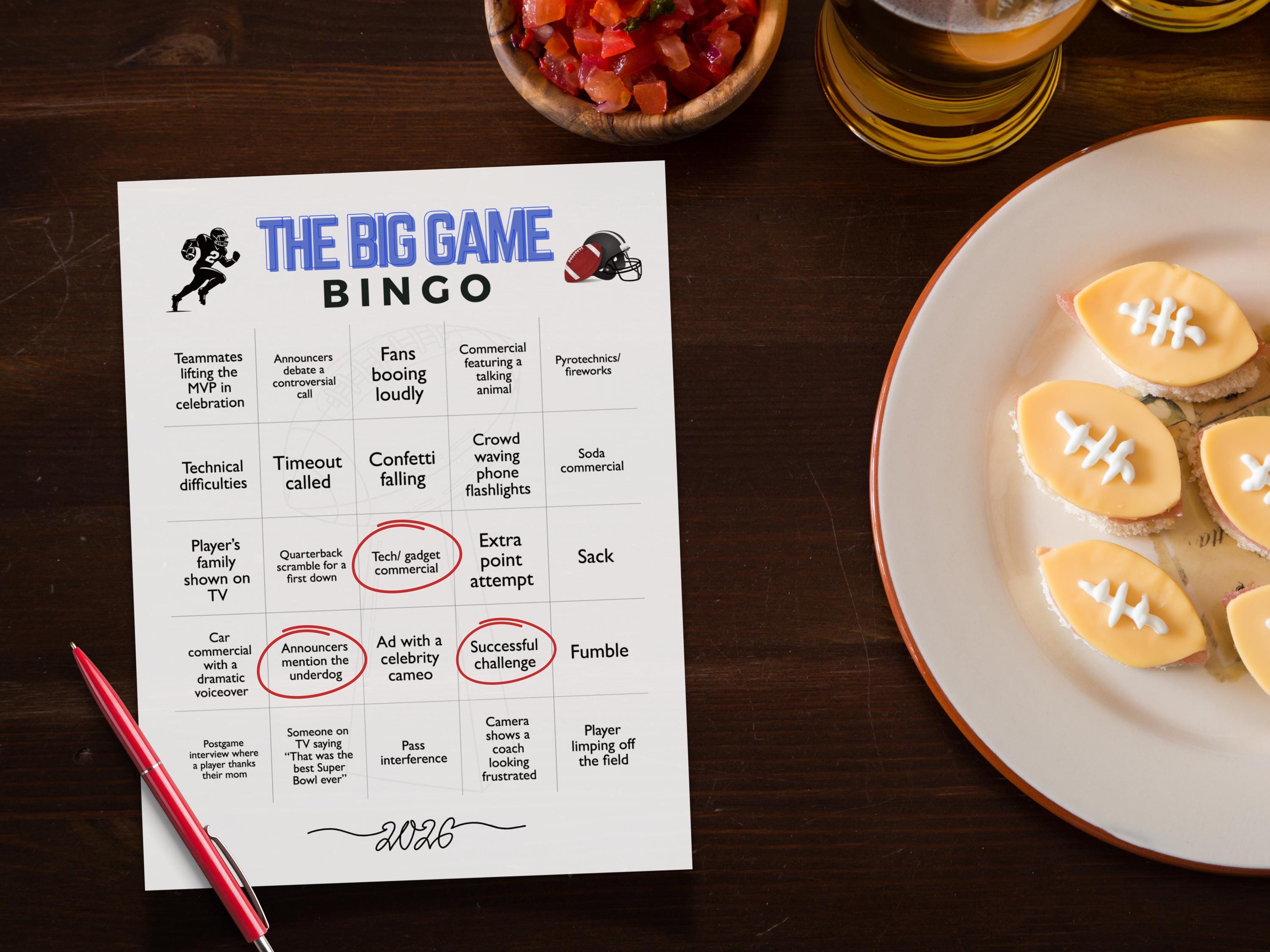 The Big Game Football Bingo Printable, 2026 Super Sunday Family Watch ...