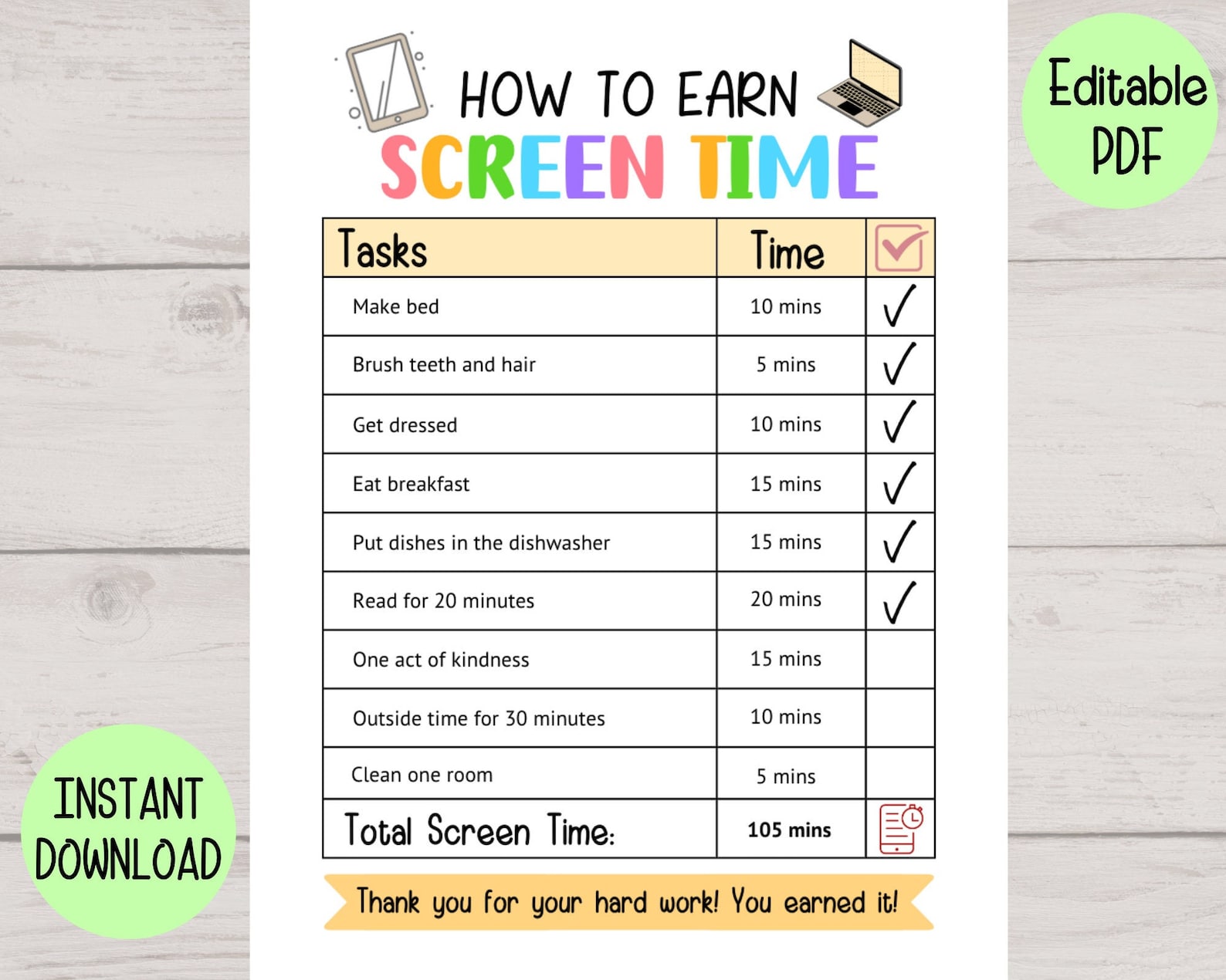 Screen Time Chart Checklist Editable Printable Screen Time - Etsy