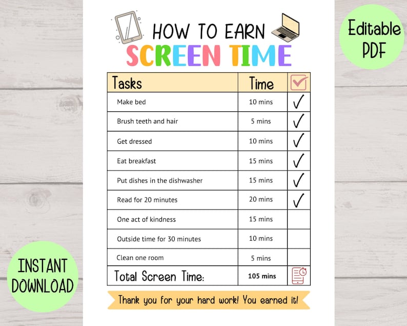Screen Time Chart Checklist Editable Printable Screen Time - Etsy