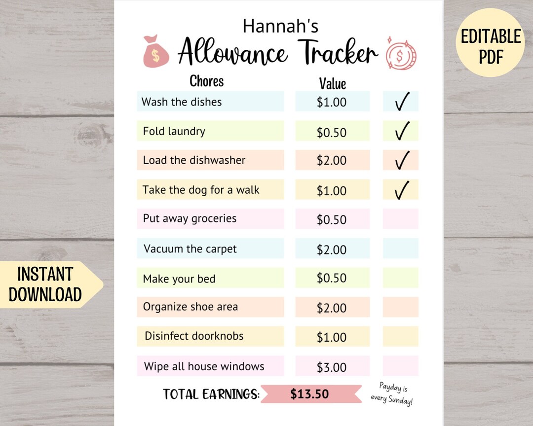 Editable Allowance Chart for Kids Allowance Tracker - Etsy