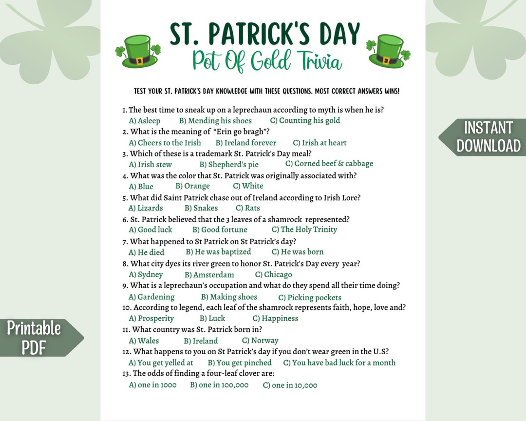St Patrick's Day Trivia Game Printable St Patricks Day - Etsy
