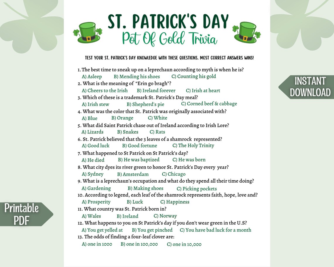 St Patrick's Day Trivia Game Printable St Patricks Day - Etsy