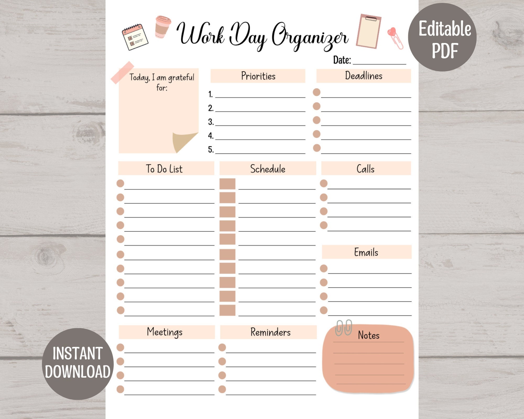 Work Day Organizer Editable Fillable Printable Work Planner - Etsy