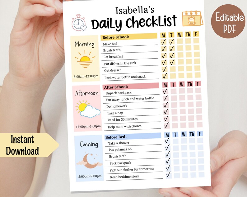 Kids Daily School Checklist Schedule Printable Editable Chore - Etsy