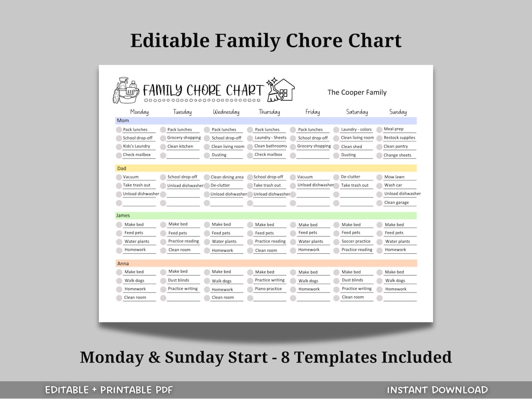 Family Chore Chart Printable, Editable Weekly Family Schedule, Cleaning ...