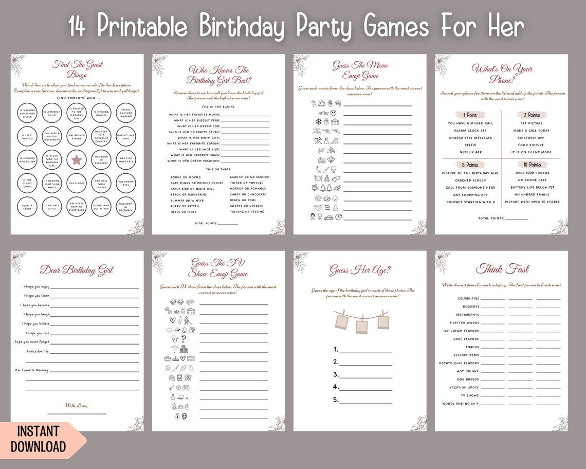 Birthday Games for Her Printable Womens Birthday Party Games - Etsy