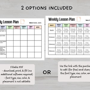 Weekly Lesson Plan Printable Editable Weekly School Schedule - Etsy