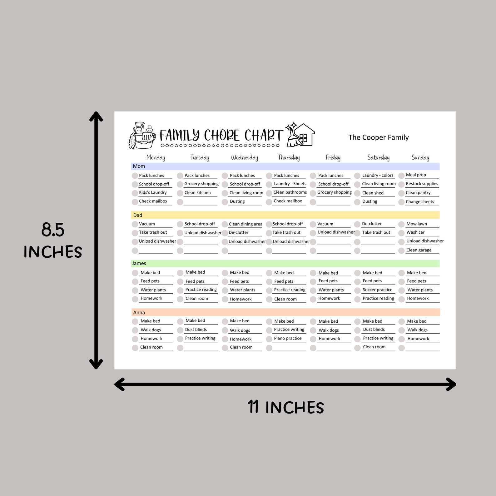 Family Chore Chart Printable, Editable Weekly Family Schedule, Cleaning ...
