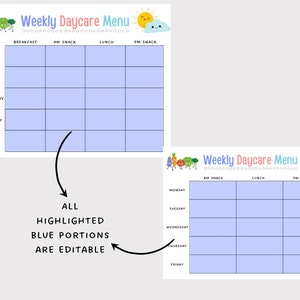 Daycare Weekly Menu Printable Home Daycare Monthly Meal - Etsy
