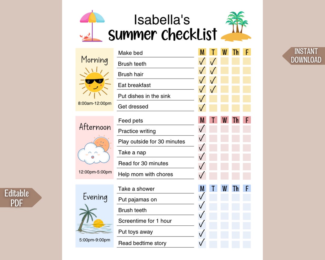Kids Daily Summer Checklist Schedule Printable Editable Chore - Etsy
