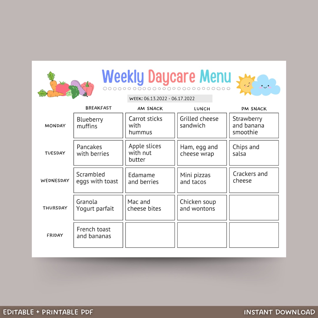 Daycare Weekly Menu Printable, Home Daycare Monthly Meal Planner ...