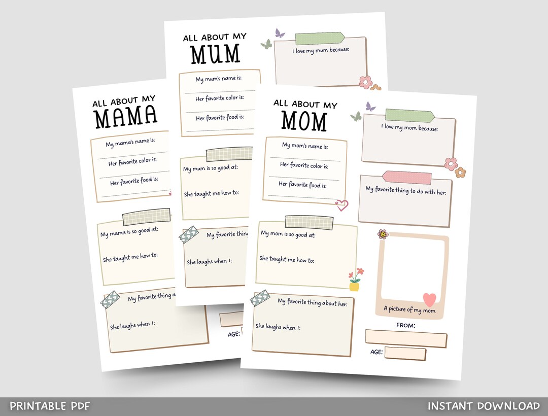 All About My Mom Survey Printable, Mothers Day Questionnaire, Mothers ...