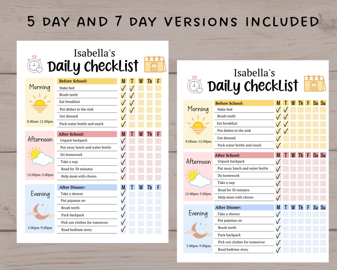 Kids Daily School Checklist Schedule Printable Editable Chore - Etsy UK