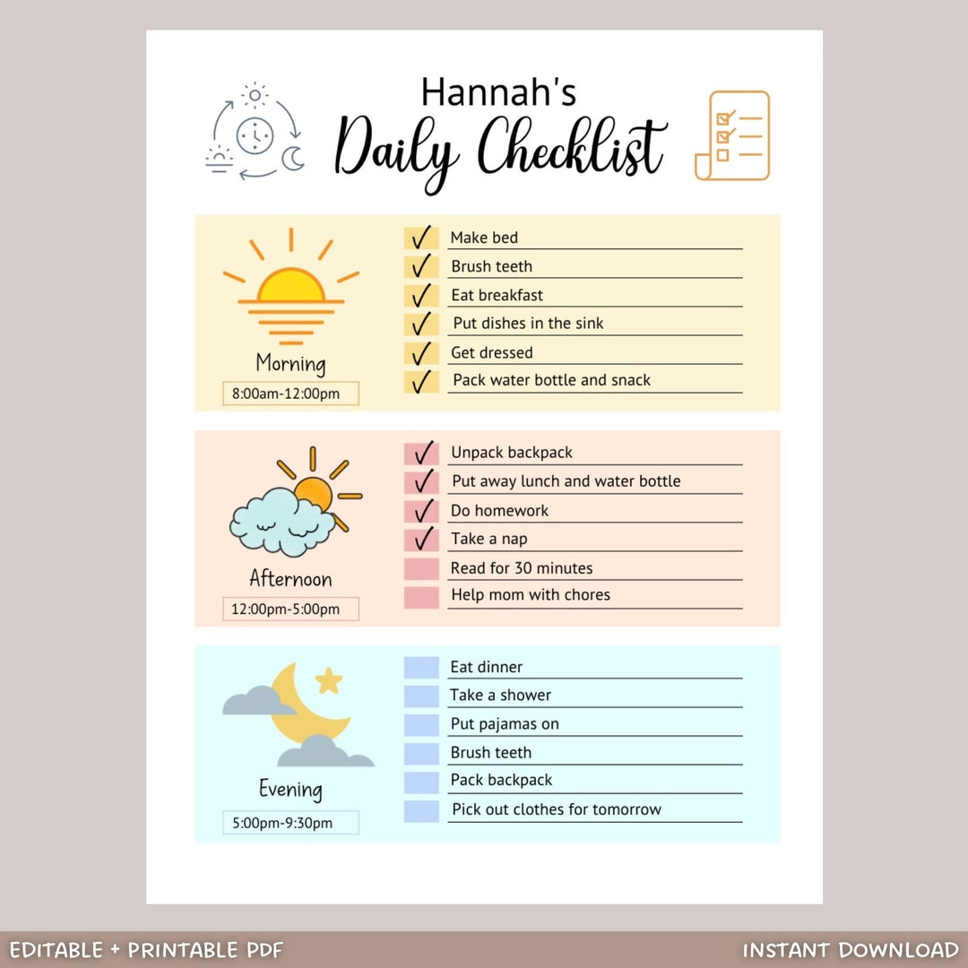 Daily Checklist Chore Chart Kids, Daily Routine Printable, Kids to Do ...
