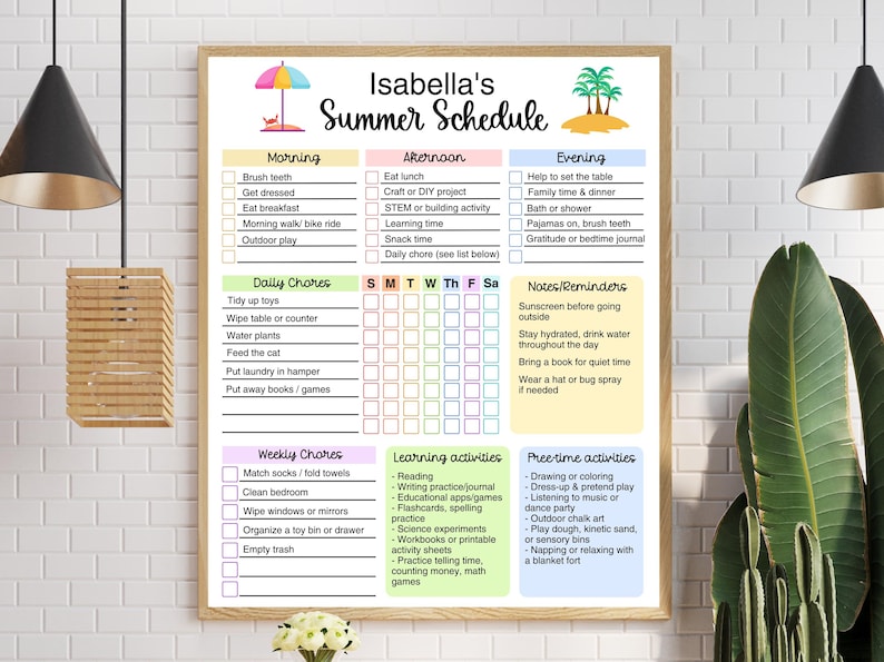 Summer Schedule Routine Chart for Kids Fillable Printable, Editable ...
