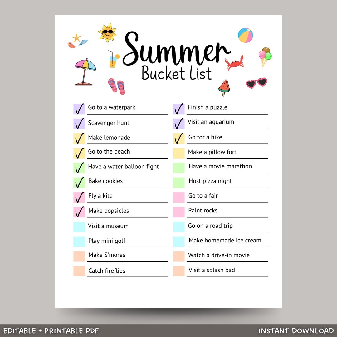 Summer Bucket List Printable, Editable Summer Break Template, Fun ...