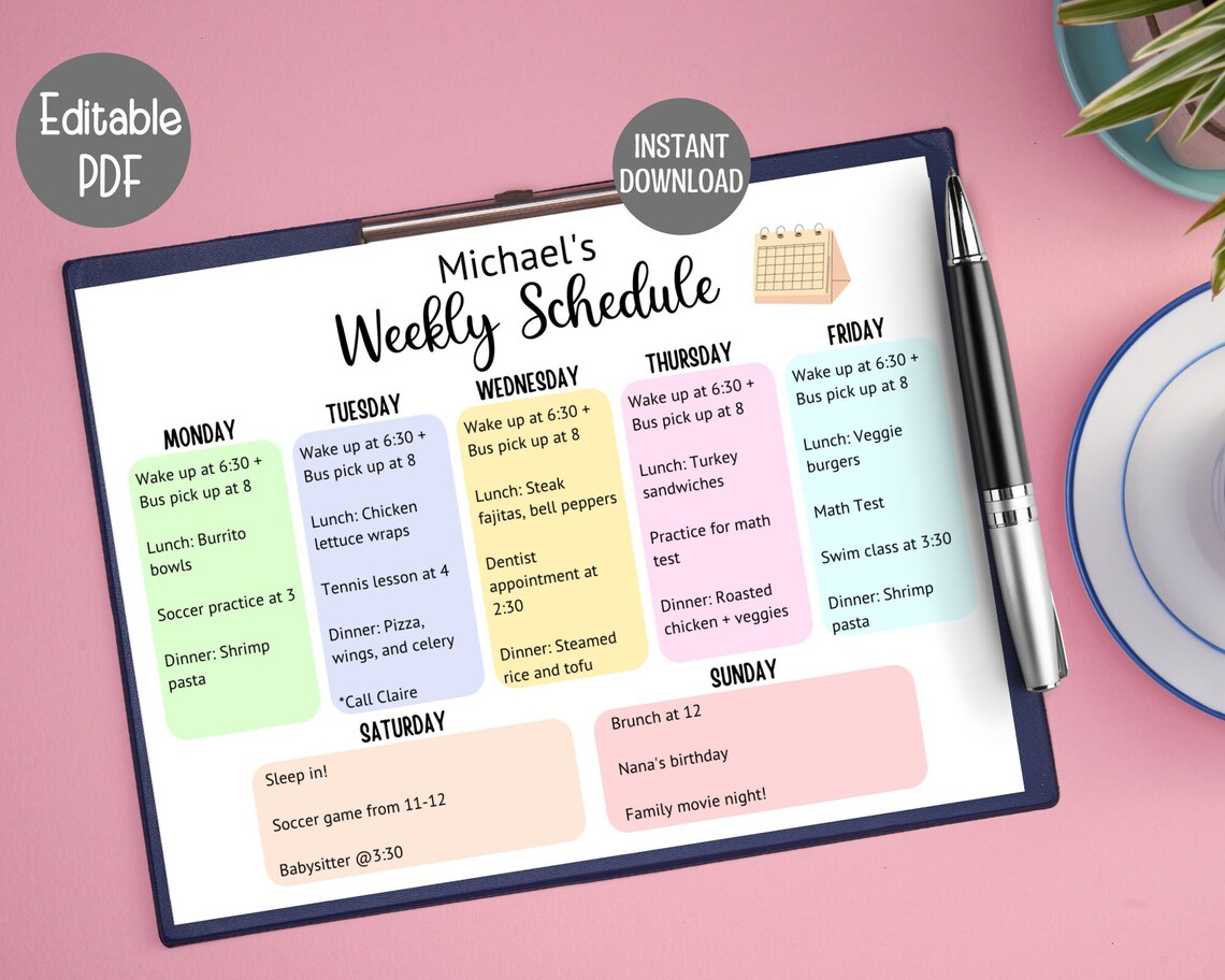 Kids Weekly Planner Printable Editable Weekly Schedule Kids - Etsy