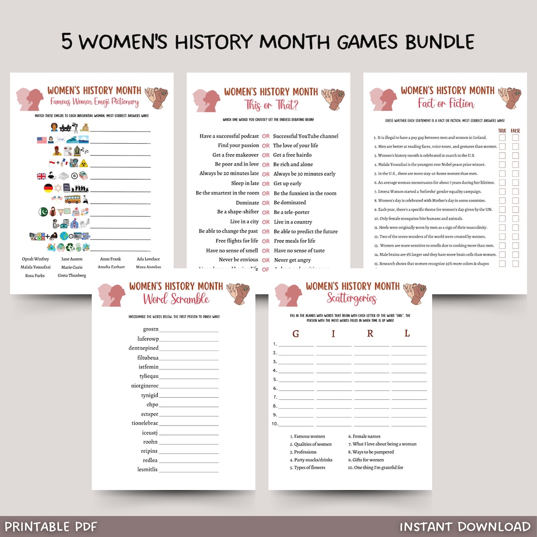 Womens History Month Party Games Printable, Emoji Pictionary, Trivia ...