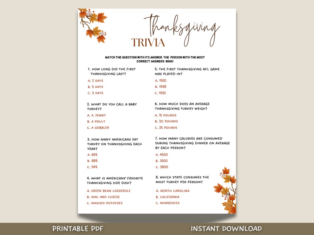 Thanksgiving Trivia Game Printable, Fun Friendsgiving Game, Turkey Day ...