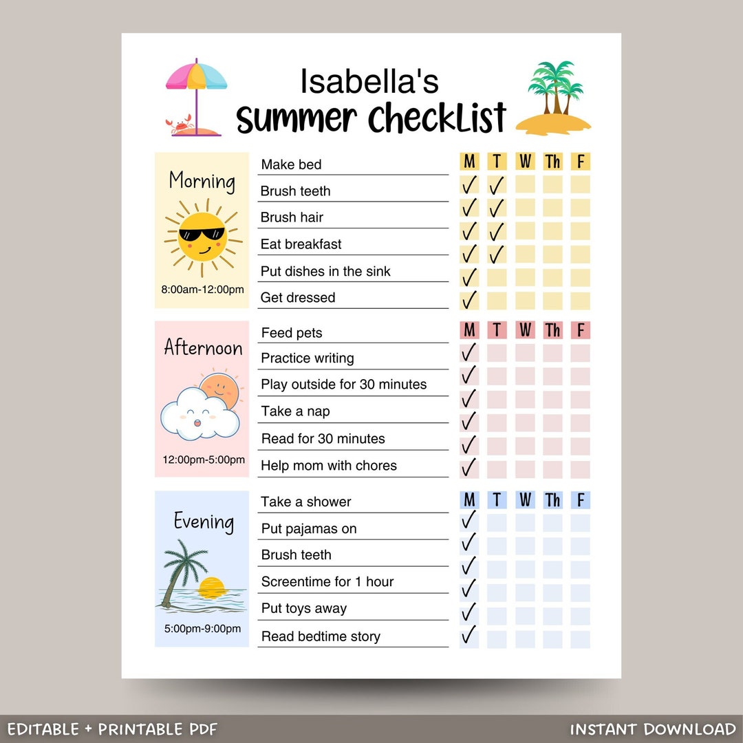 Kids Daily Summer Checklist Schedule Printable, Editable Chore Chart ...