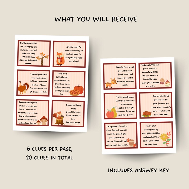 Thanksgiving Scavenger Hunt for Kids, Thanksgiving Treasure Hunt Clues ...