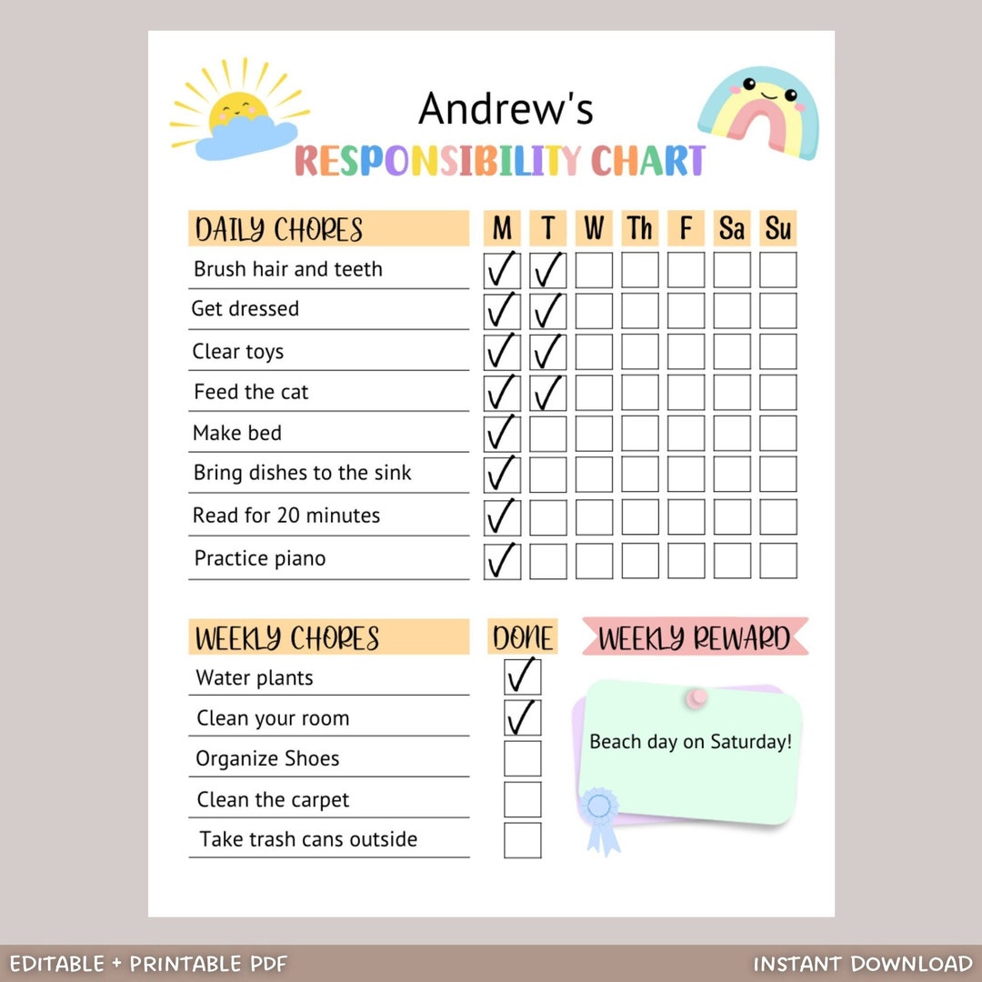 Chore Chart for Kids Editable Kids Daily Checklist - Etsy