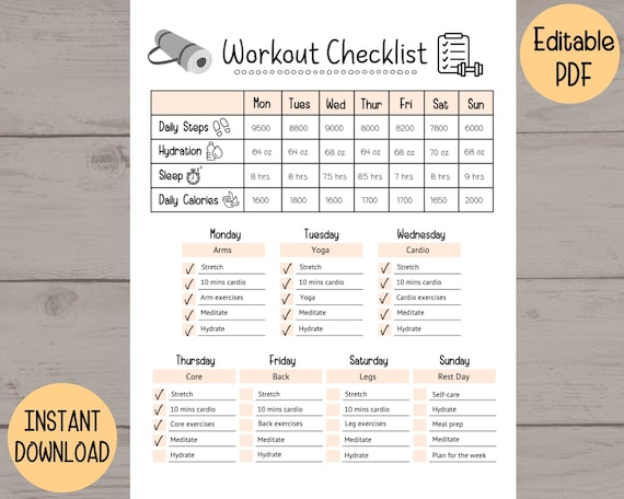 Workout Checklist Editable Daily Workout Routine Chart - Etsy