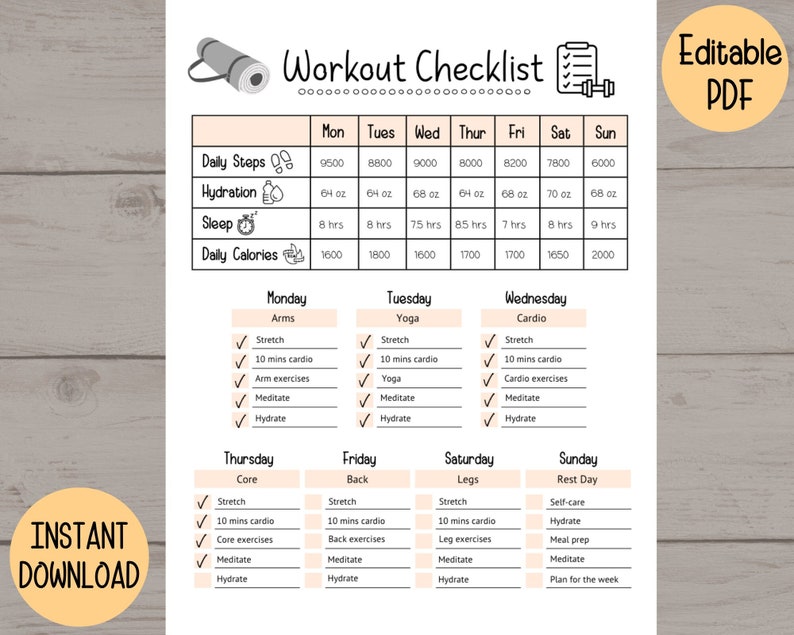 Workout Checklist Editable Daily Workout Routine Chart - Etsy