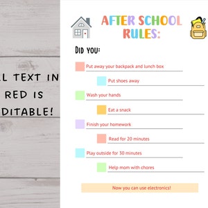 Editable After School Rules Printable After School Checklist - Etsy