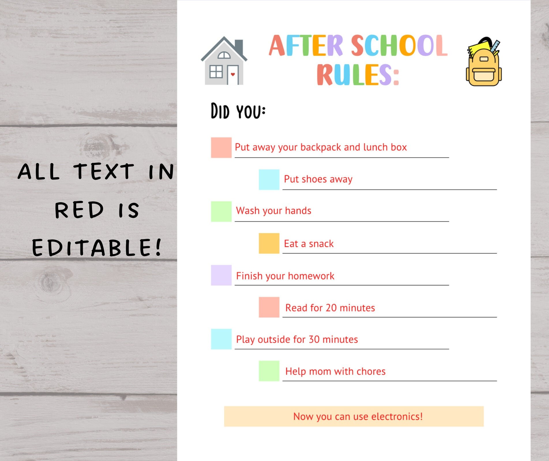 Editable After School Rules Printable After School Checklist - Etsy ...