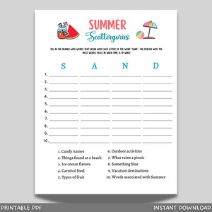 Summer Scattergories Game Printable, Pool Party Game, Summer Camp ...