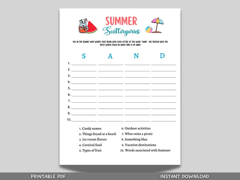 Summer Scattergories Game Printable, Pool Party Game, Summer Camp ...