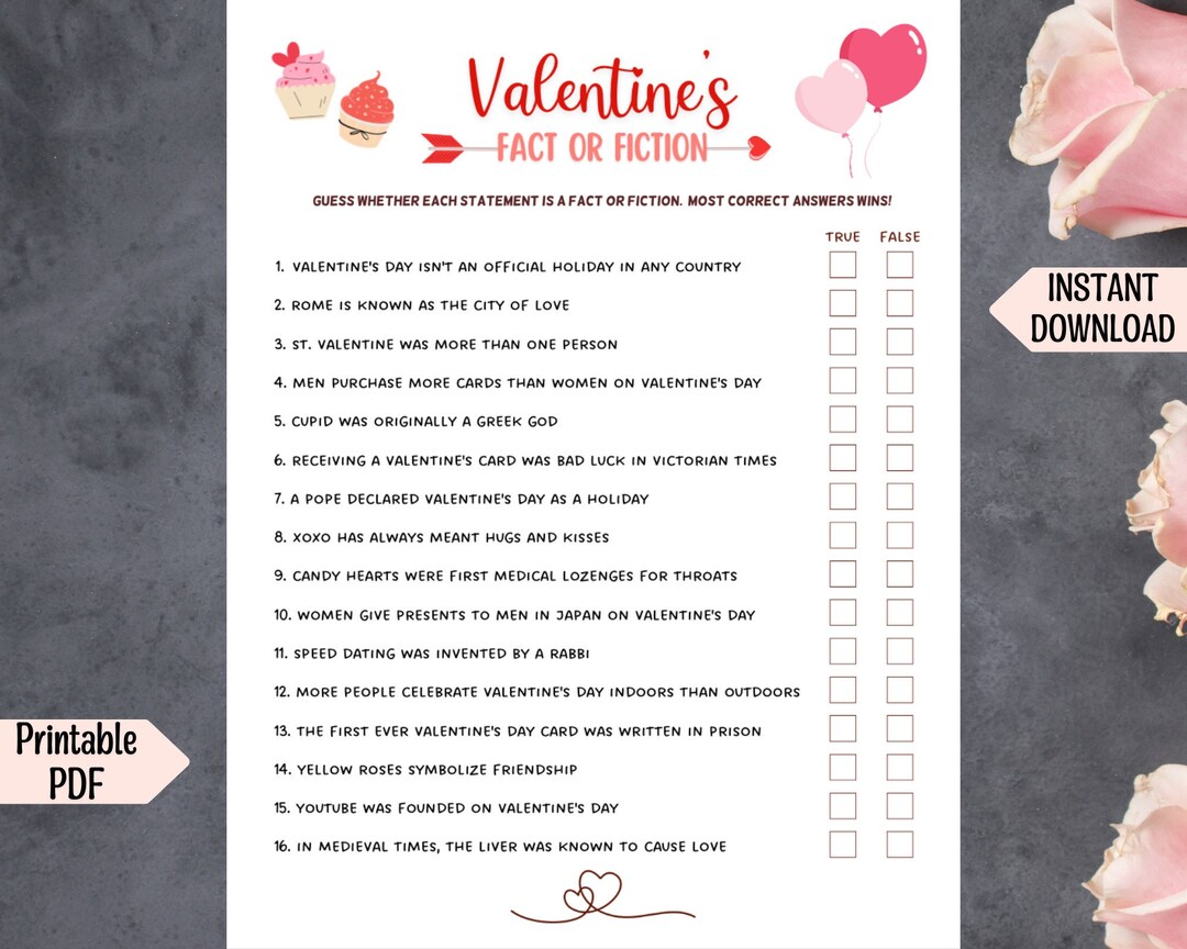 Valentine's Day Fact or Fiction Game Printable Valentines - Etsy
