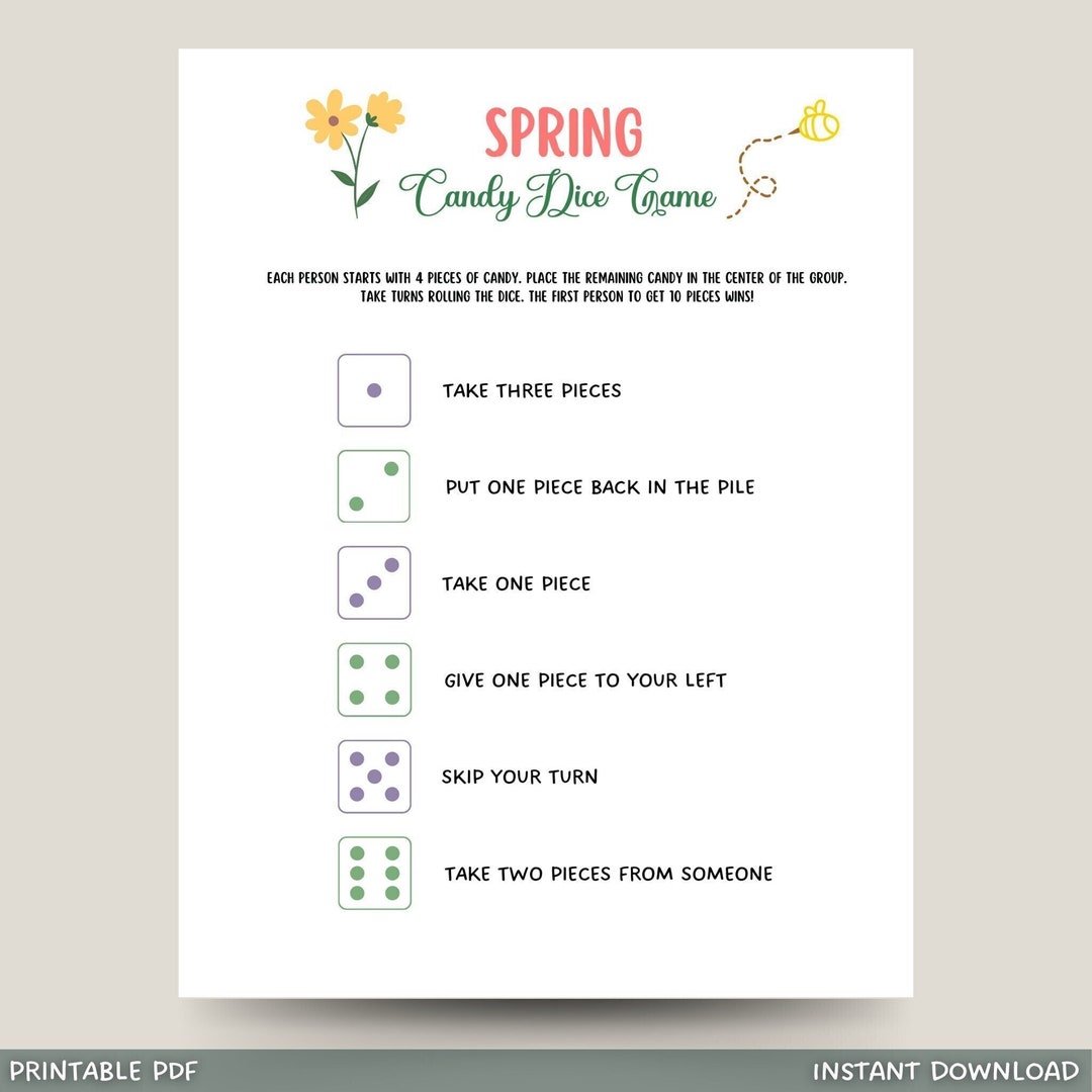 Spring Candy Dice Game Printable, Spring Activity Adults & Kids ...