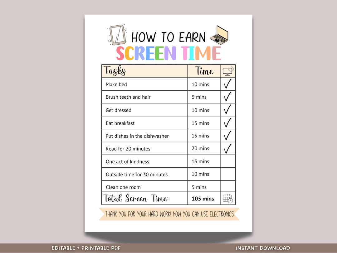 Screen Time Chart Checklist, Editable Printable Screen Time Chore Chart ...