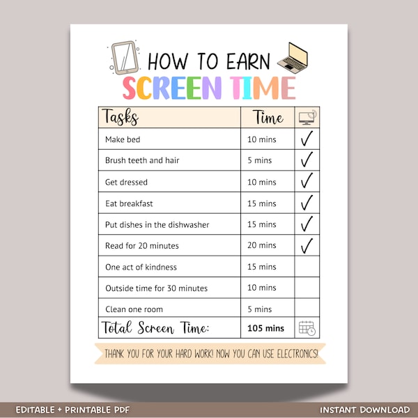 Printable Editable Screen Time - Etsy