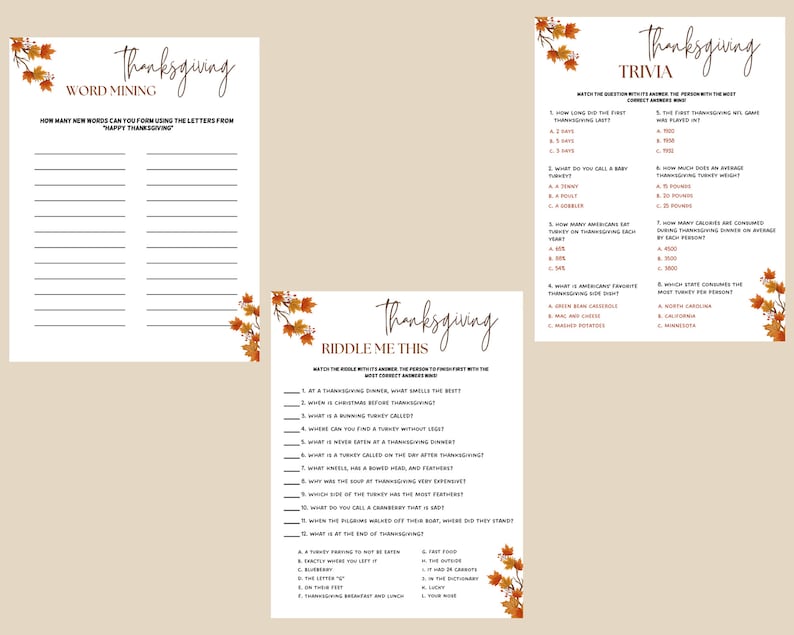 Thanksgiving Games Bundle Printable Fall Holiday Games - Etsy