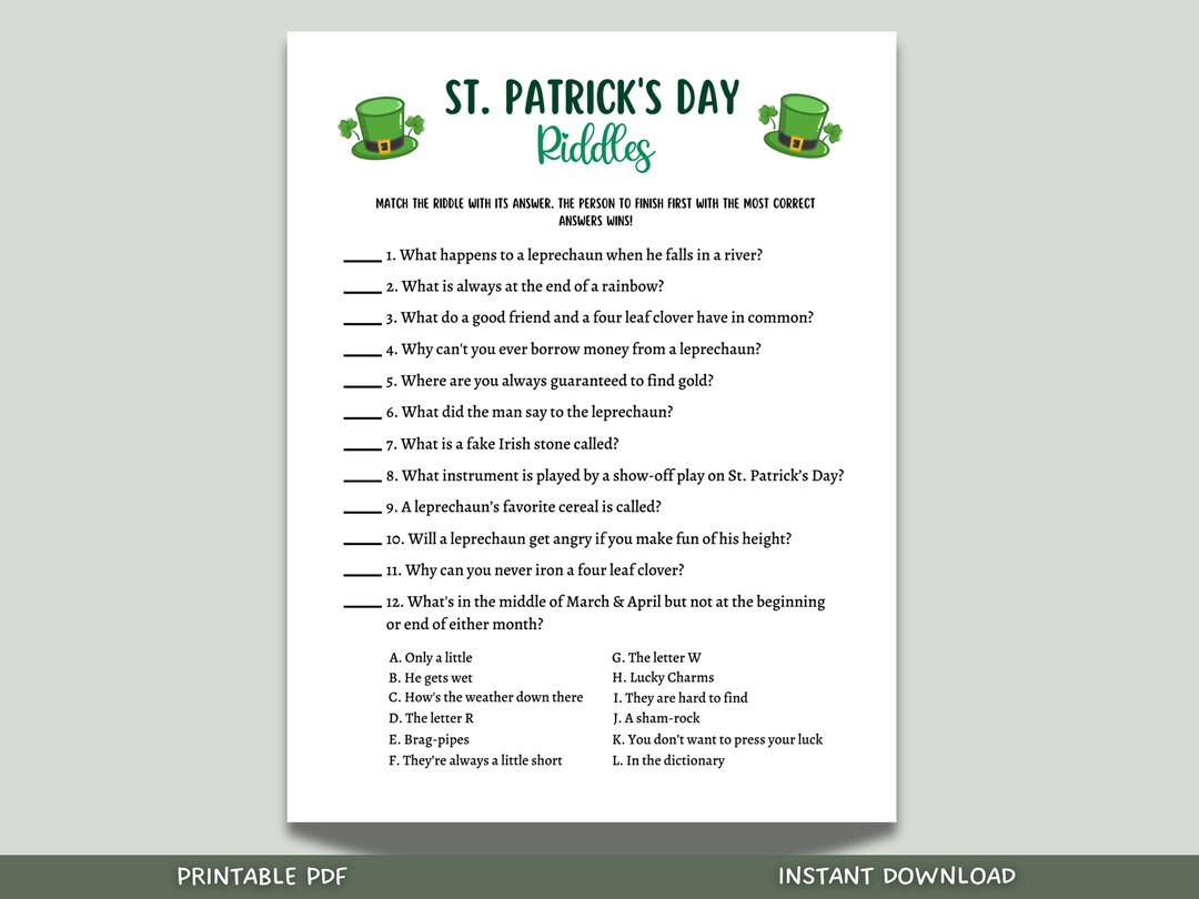 St Patrick's Day Riddles Game Printable, St Pattys Riddle Me This ...