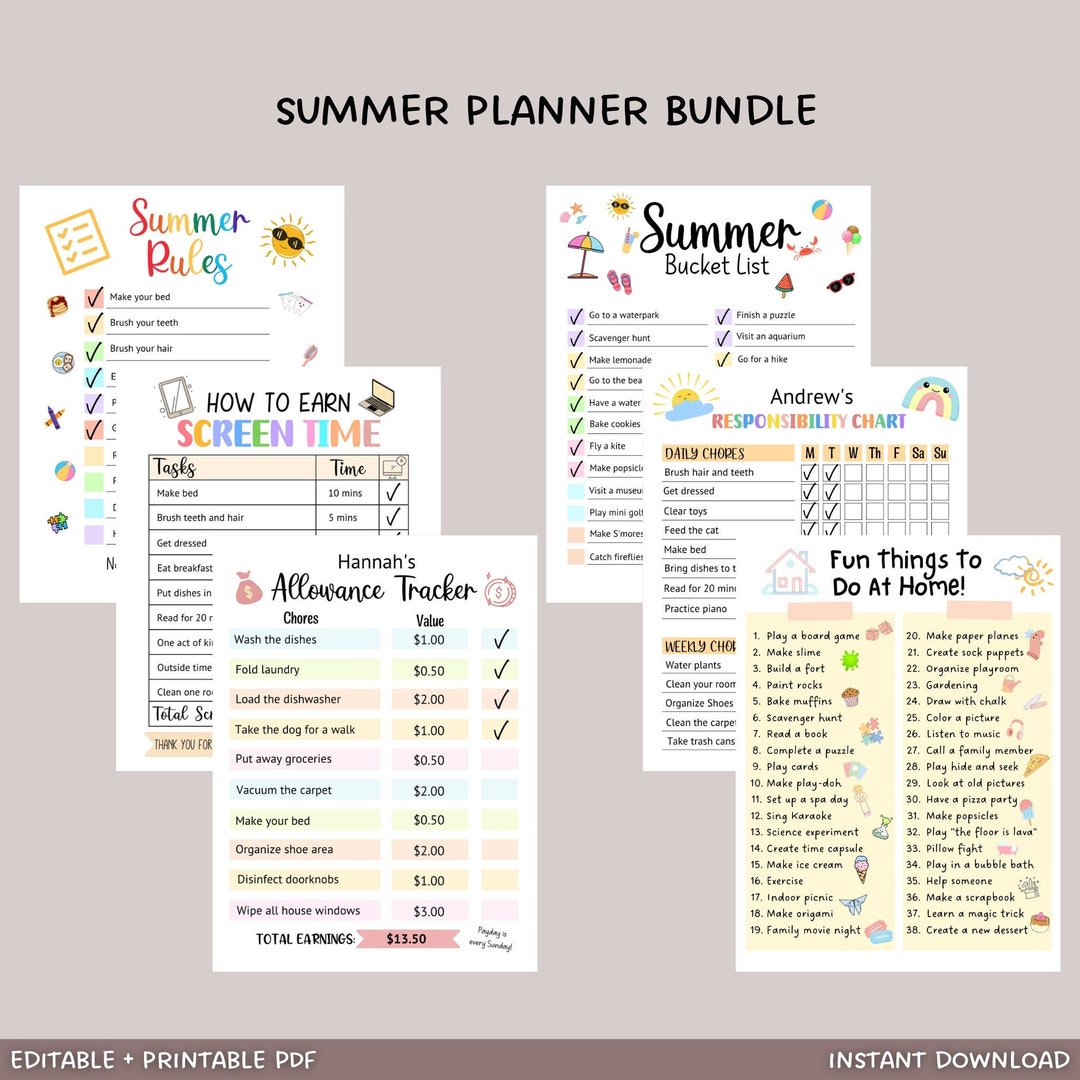 Editable Summer Planner Bundle Printable, Summer Chore Chart for Kids ...