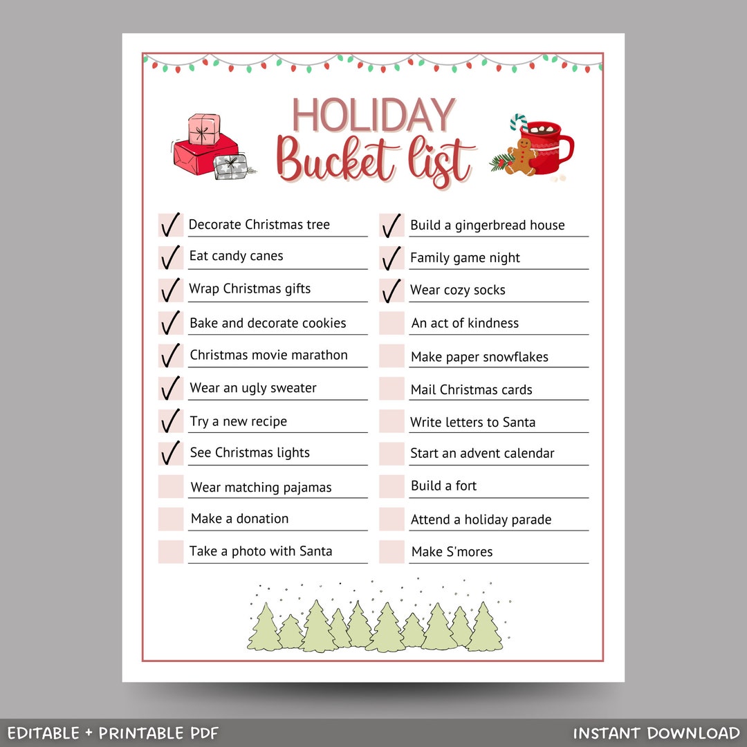 Holiday Bucket List Printable, Editable Christmas Bucket List, Winter ...
