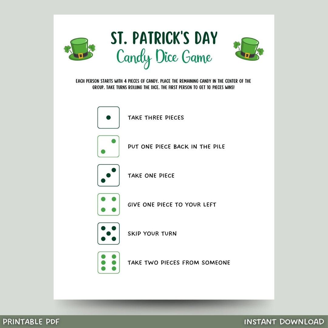 St Patrick's Day Candy Dice Game Printable, St Patty's Day Party Games ...