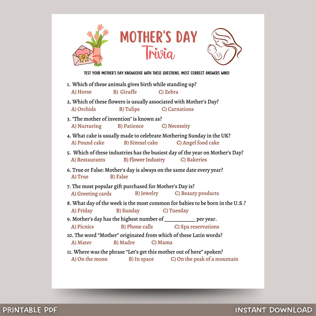 Mother's Day Trivia Game Printable, Mothers Day Party Game, True or ...