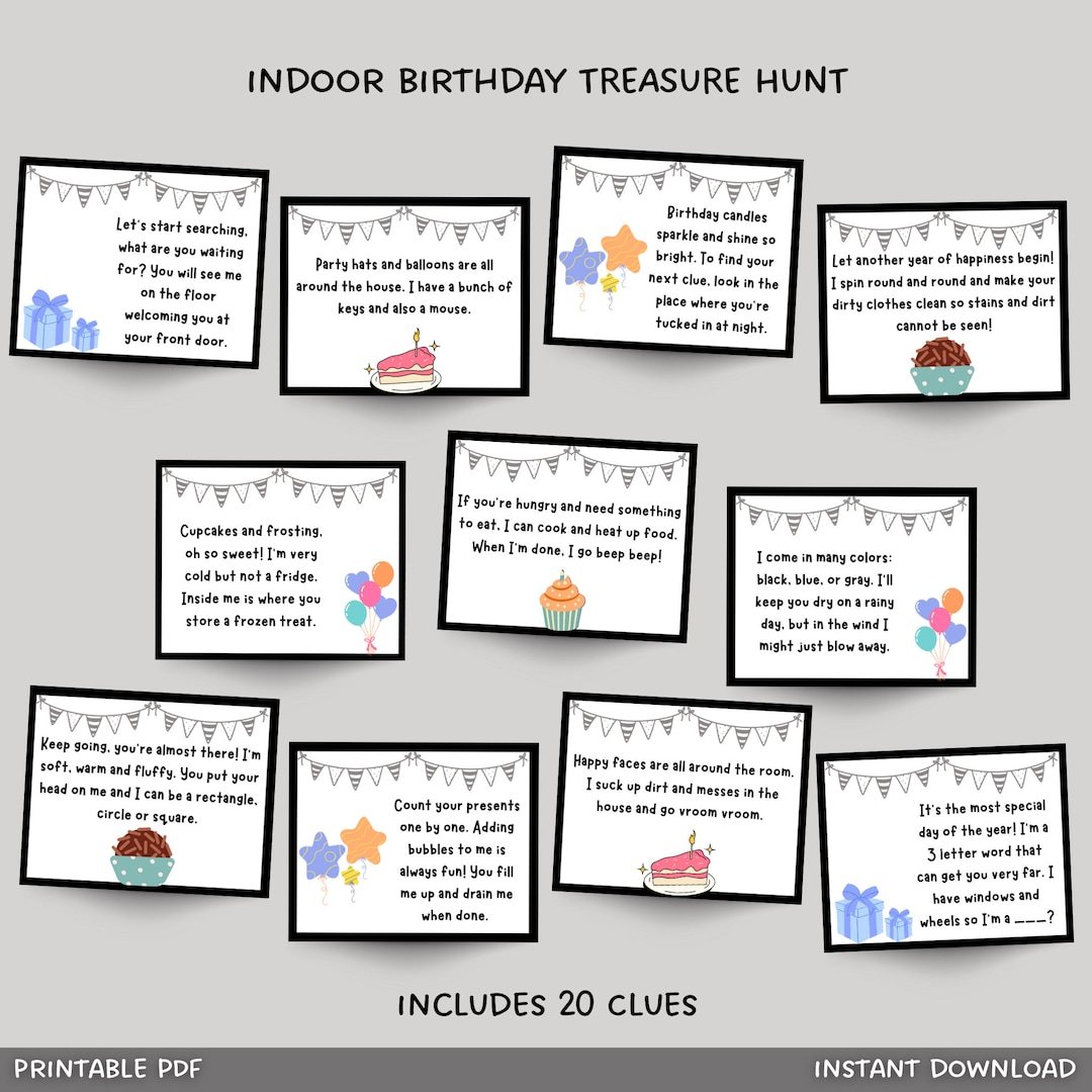 Indoor Birthday Treasure Hunt for Kids, Birthday Scavenger Hunt Clues ...