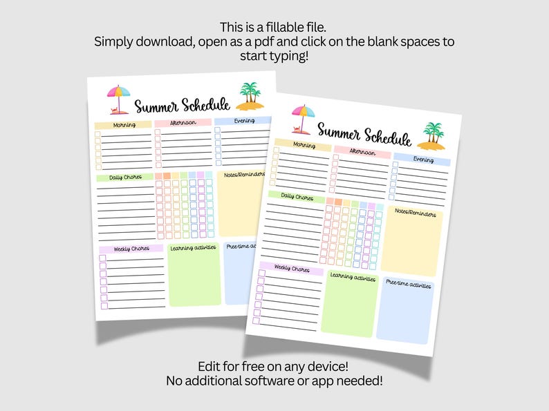 Summer Schedule Routine Chart for Kids Fillable Printable, Editable ...
